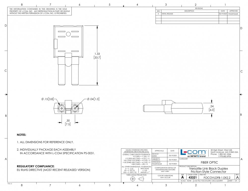 L-com FOCOVLDFB-1.0X2.2 technical drawing preview