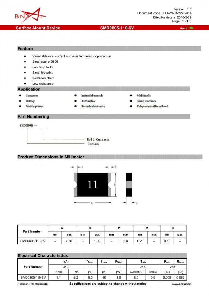 BNstar SMD0805-110-6V datasheet page 1