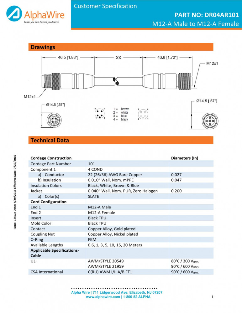 Alpha Wire DR04AR101 technical drawing page 1