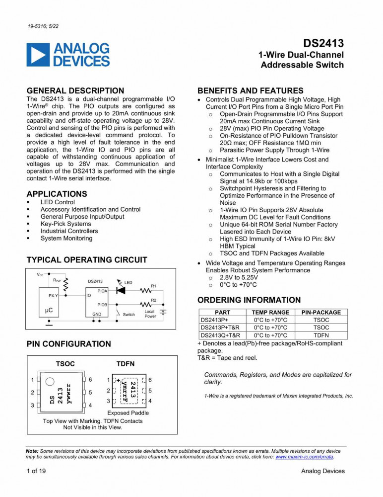 DS2413 datasheet page 1