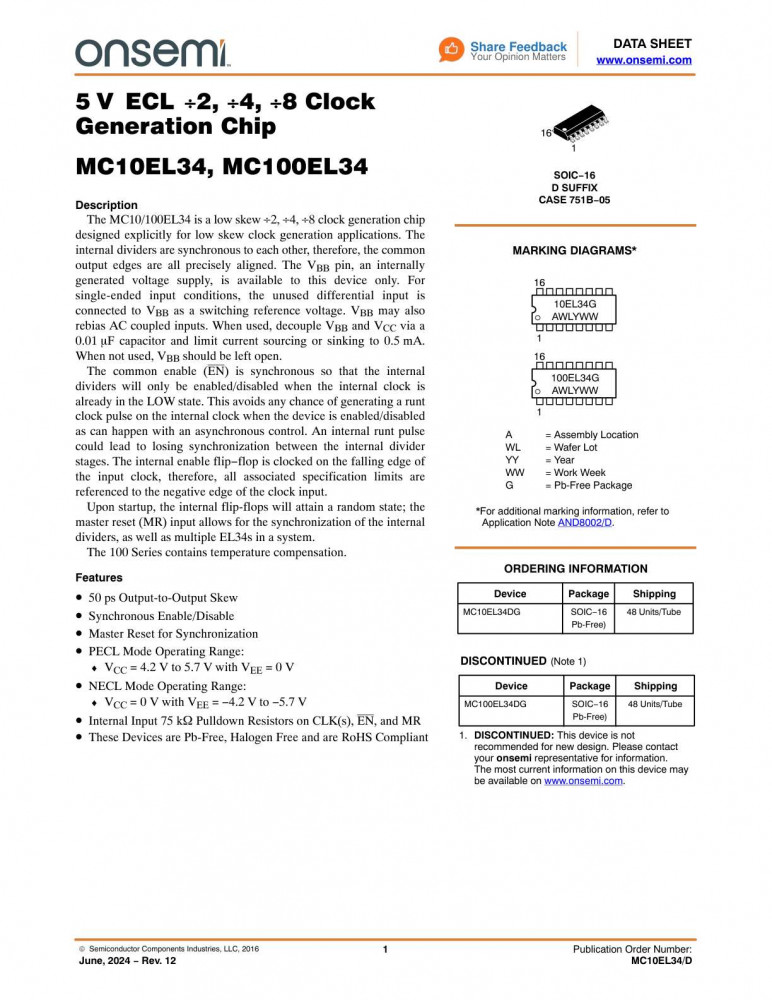 MC10EL34 datasheet page 1