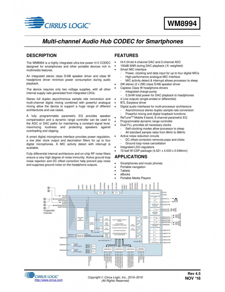 WM8994ECS/R datasheet page 1