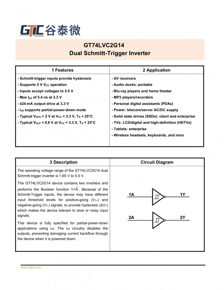 GT74LVC2G14S6 datasheet page 1