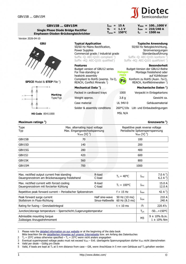 DIOTEC GBV15 series datasheet page 1