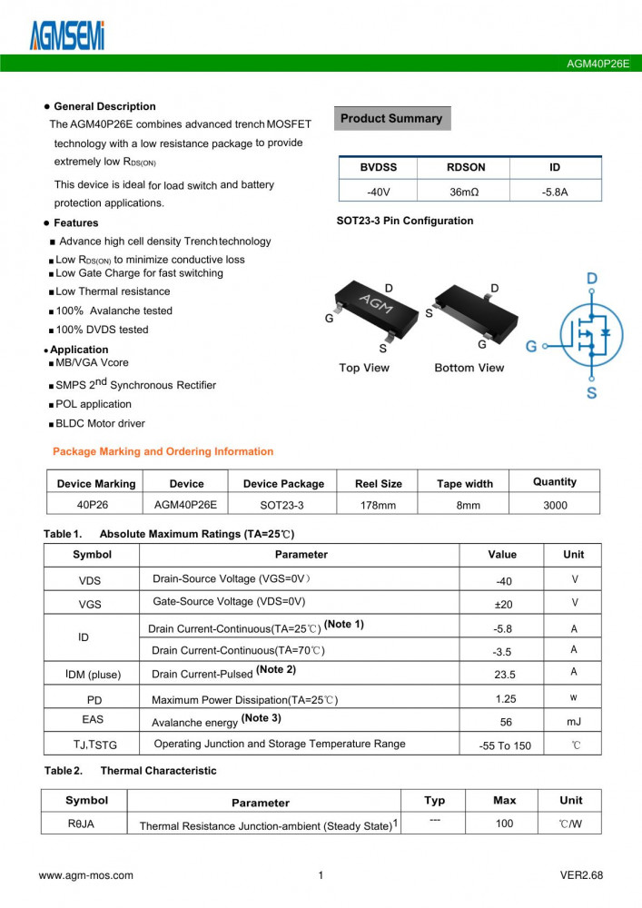 AGM40P26E datasheet page 1