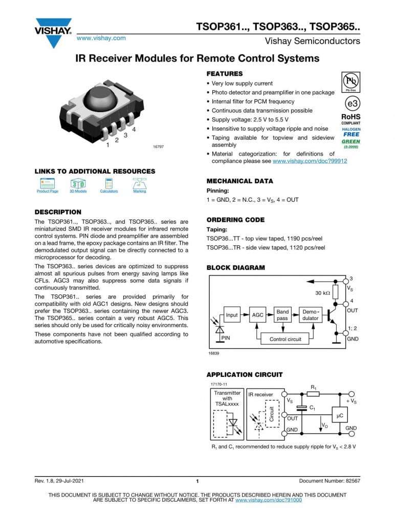 Vishay TSOP36336TT datasheet page 1