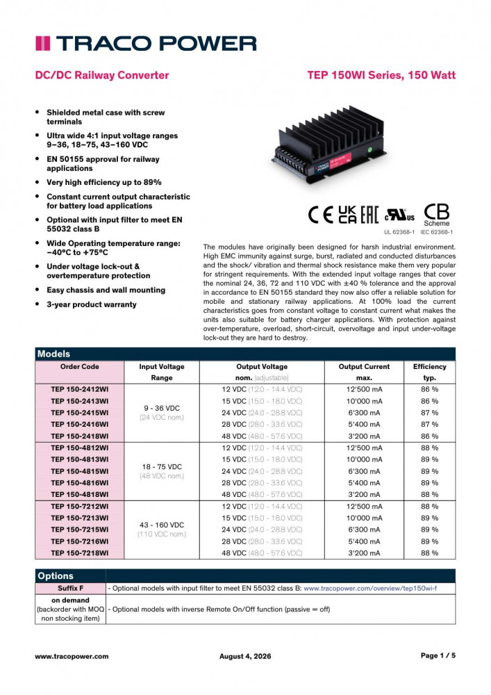 TEP 150WI technical document, page 1