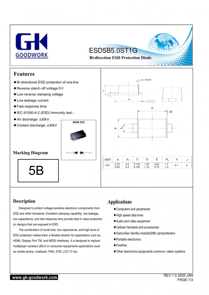 ESD5B5.0ST1G datasheet page 1