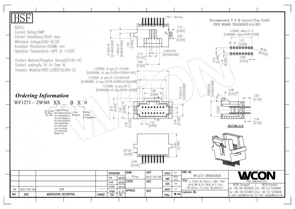 Wcon WF1271 series connector drawing sheet