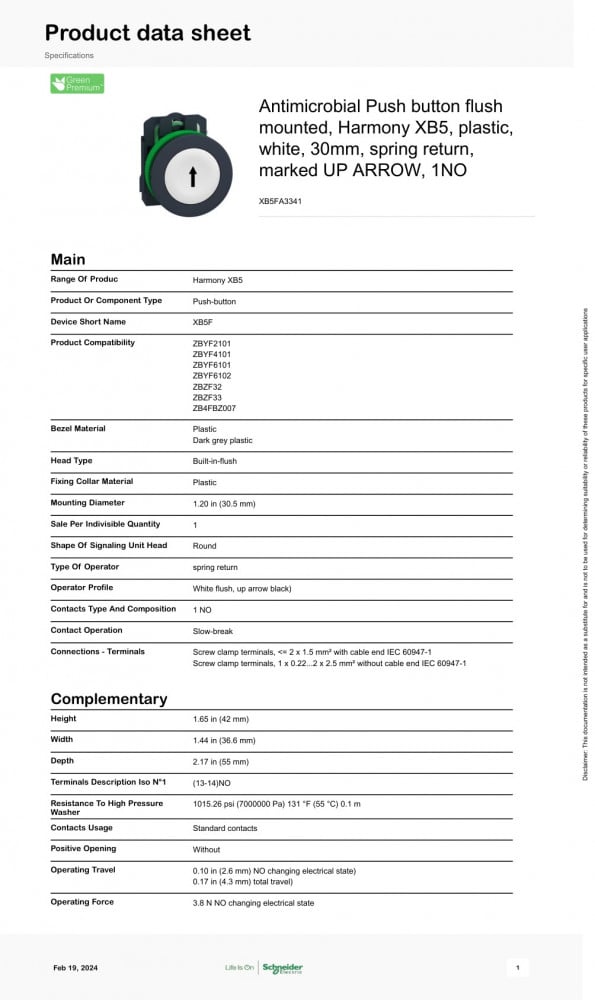 XB5FA3341 technical document page 1