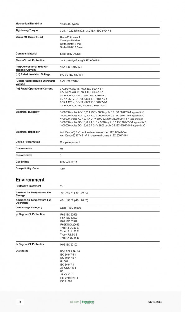 XB5FA3341 technical document page 2
