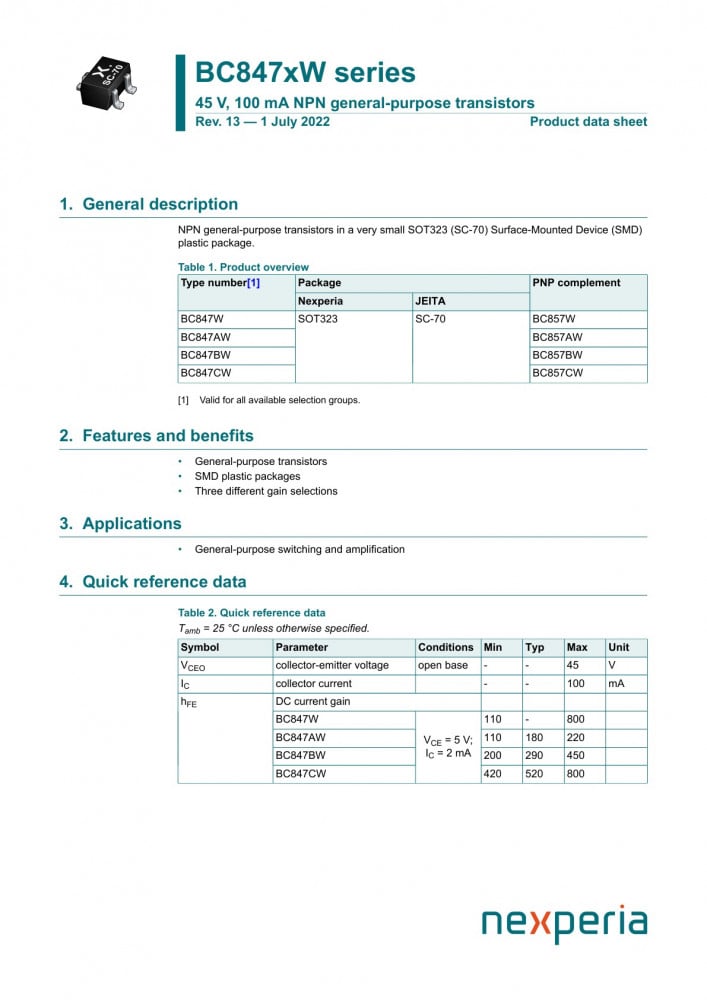 BC847BW datasheet page 1