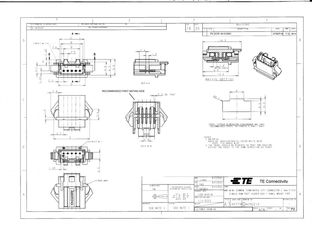 TE Connectivity 292215-3 technical drawing page 1