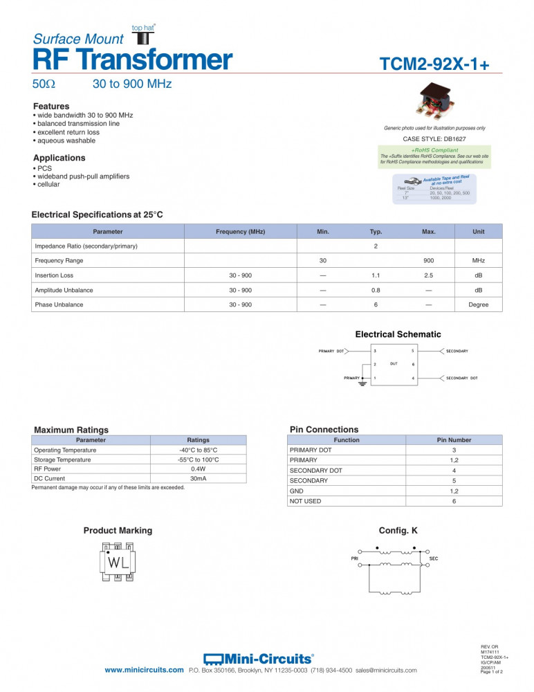 TCM2-92X-1+ datasheet page 1