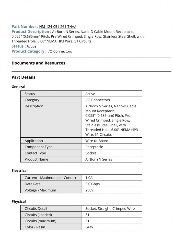 Technical document page 1 for NM-124-051-261-THAA
