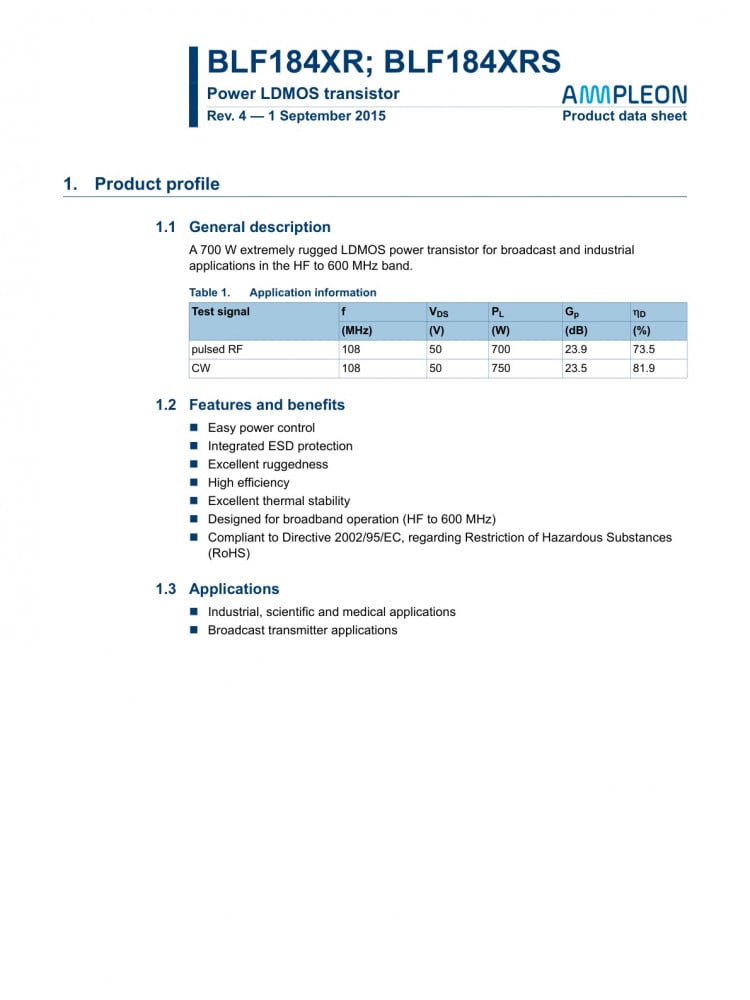 BLF184XRSU datasheet page 1