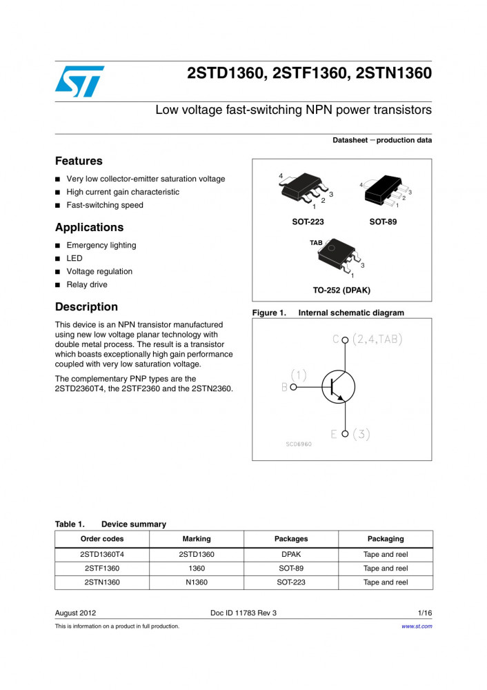 2STF1360 datasheet page 1