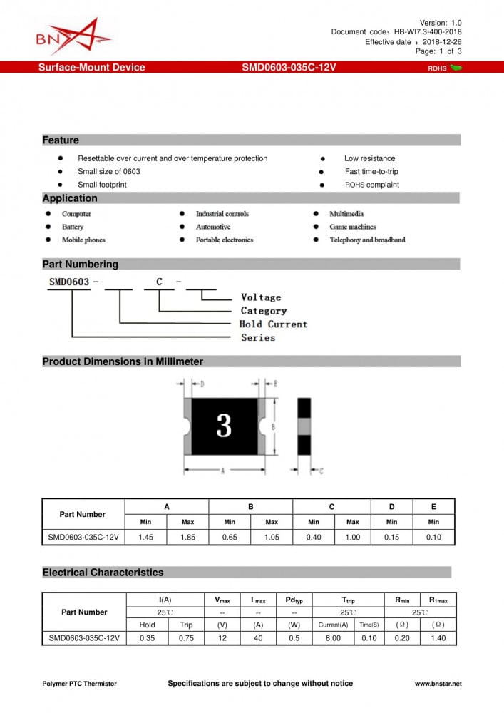 BNstar SMD0603-035C-12V datasheet page 1