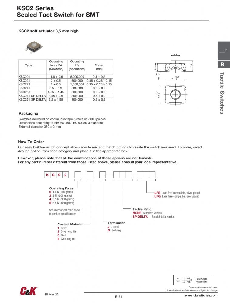 C&K KSC242GLFS technical document page