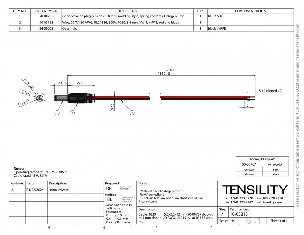 Tensility 10-05815 cable assembly drawing and wiring information