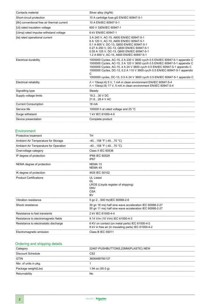XB5AW35B5C0 technical document page 2