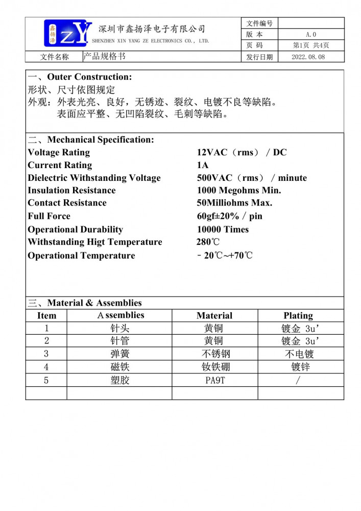 YZR0158-20050-03025-01 specification page 1