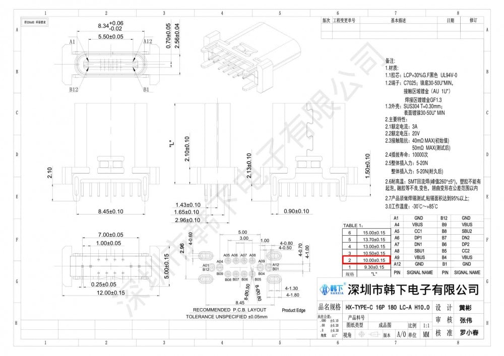 HX-TYPE-C 16P 180 LC-A H10.0 technical document preview