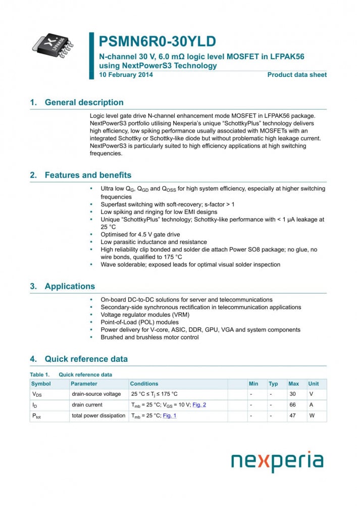 PSMN6R0-30YLD datasheet page 1