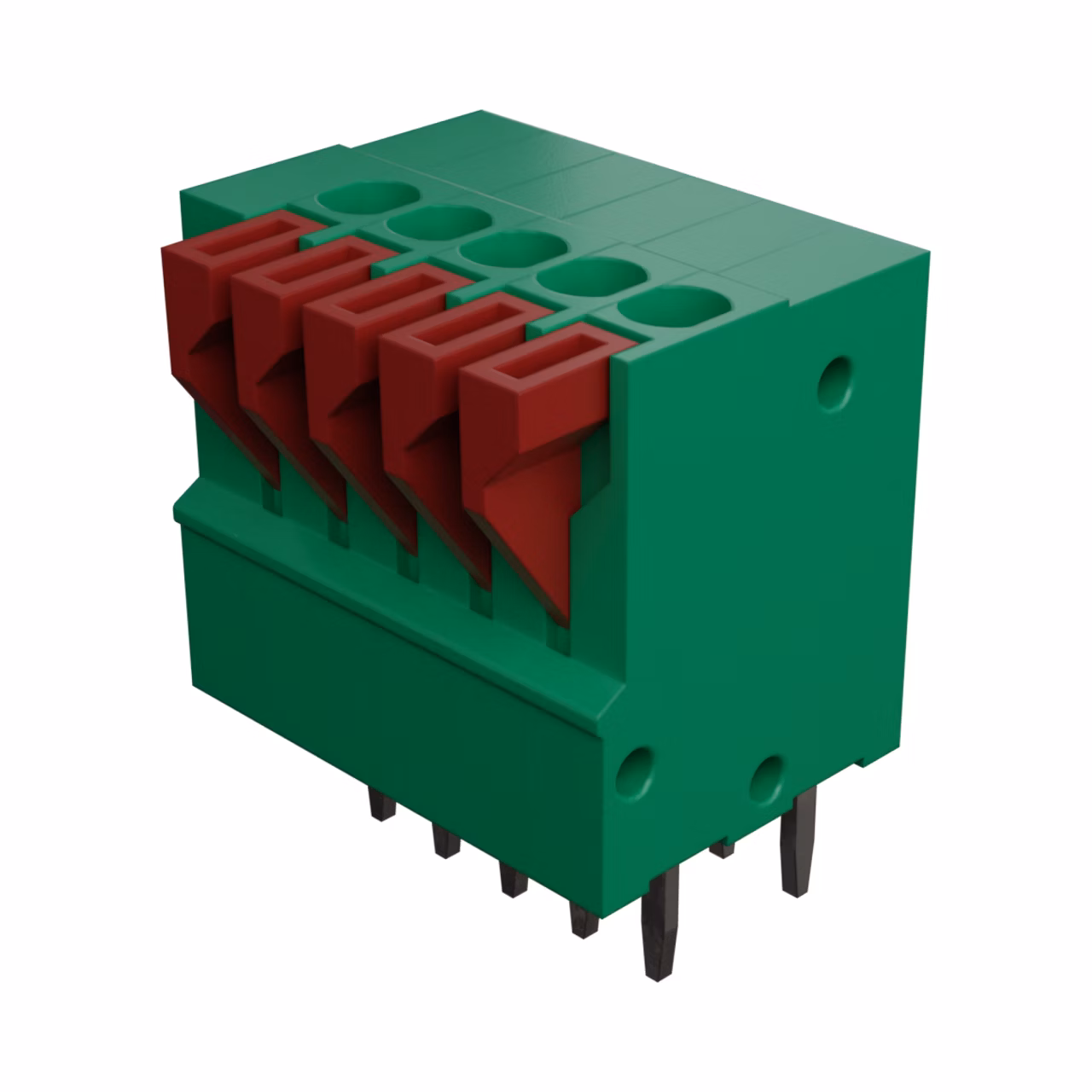2.54mm Pitch, Eurostyle Fixed-Mount Push-Button Terminal Block, Vertical, 6A, 26-18 AWG, Green, 5 Circuits for sale