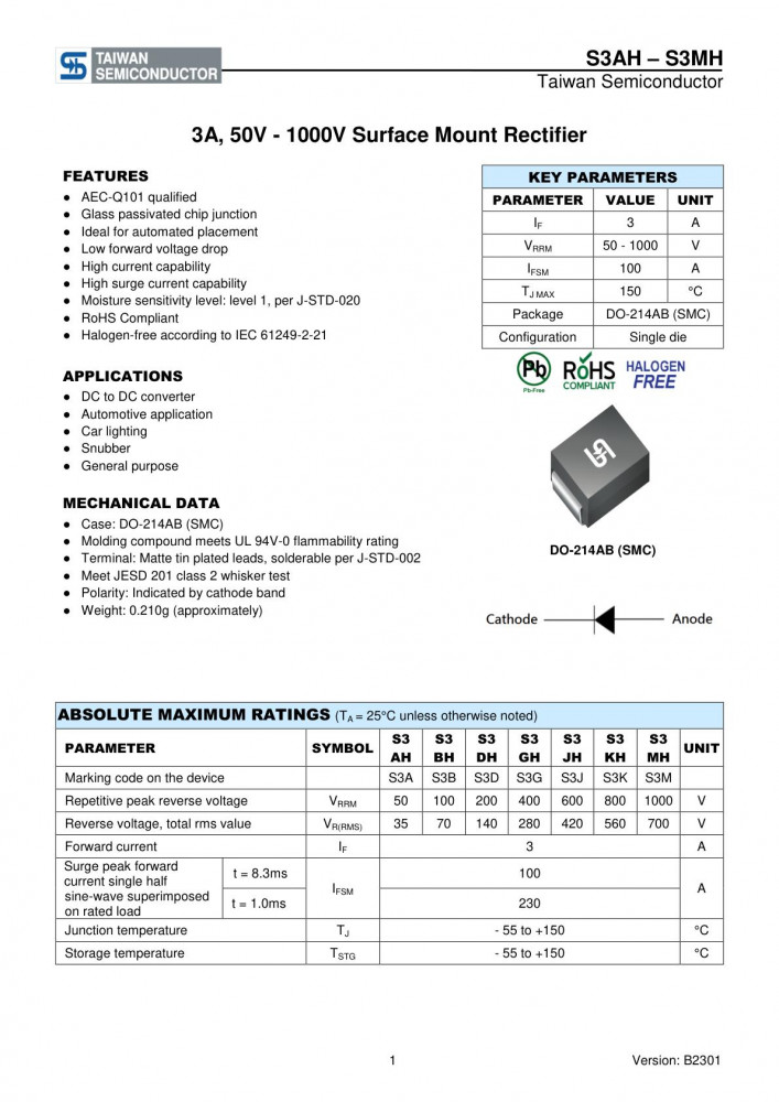 Taiwan Semiconductor S3JH datasheet page 1