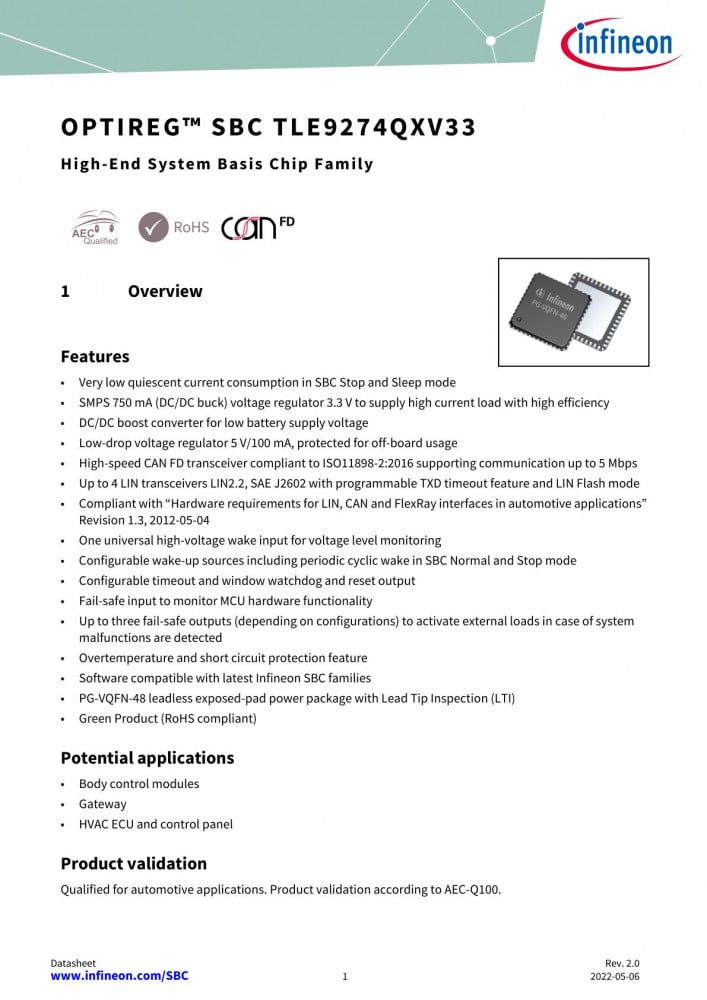TLE9274QXV33 datasheet page 1