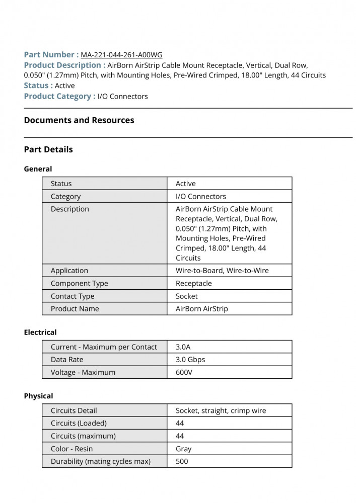 Technical document page 1 for MA-221-044-261-A00WG