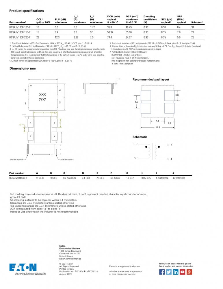 EATON HCSA1V1008 dimensions and marking document
