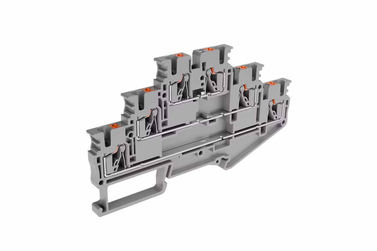 Three Level Feed-Through Terminal Block, Push-in Design, 5.10mm Width, 300V, 20.0A for sale