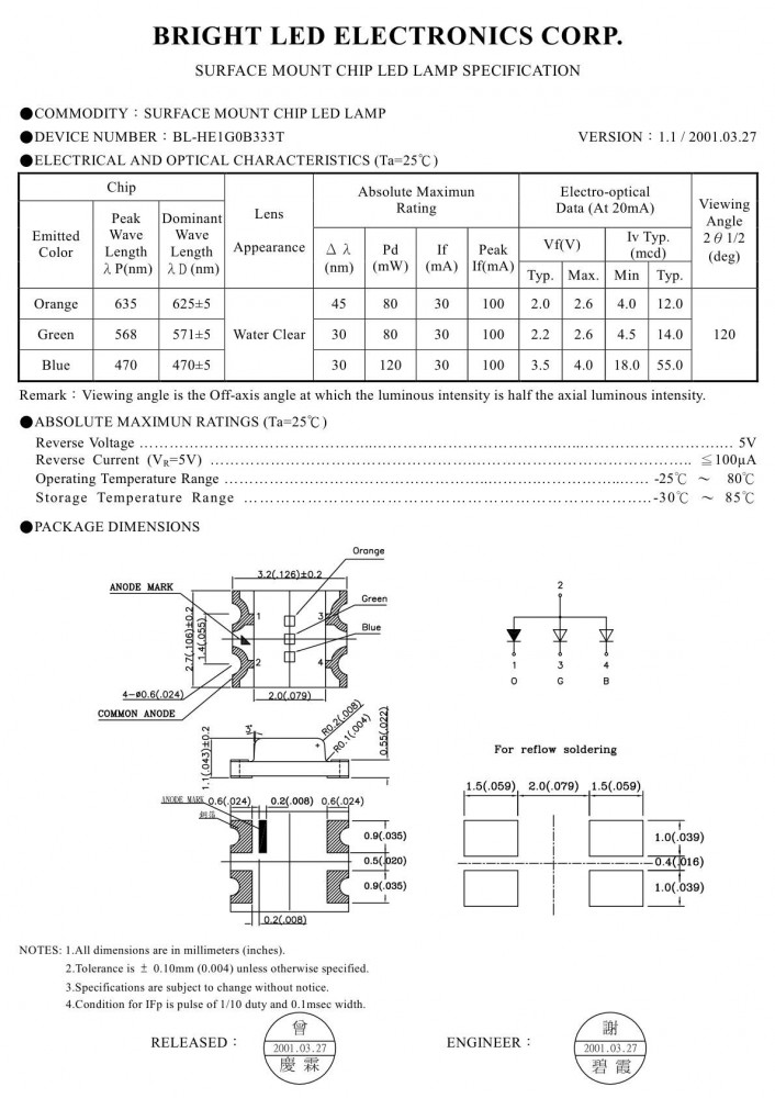 BL-HE1G0B333T series surface-mount LED electrical and optical specification page