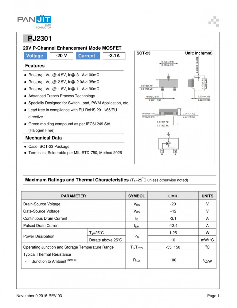 PJ2301 datasheet page 1