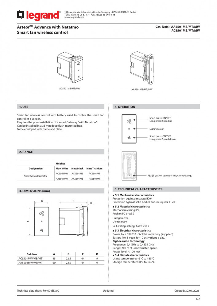 Legrand AA5501MT technical document, page 1