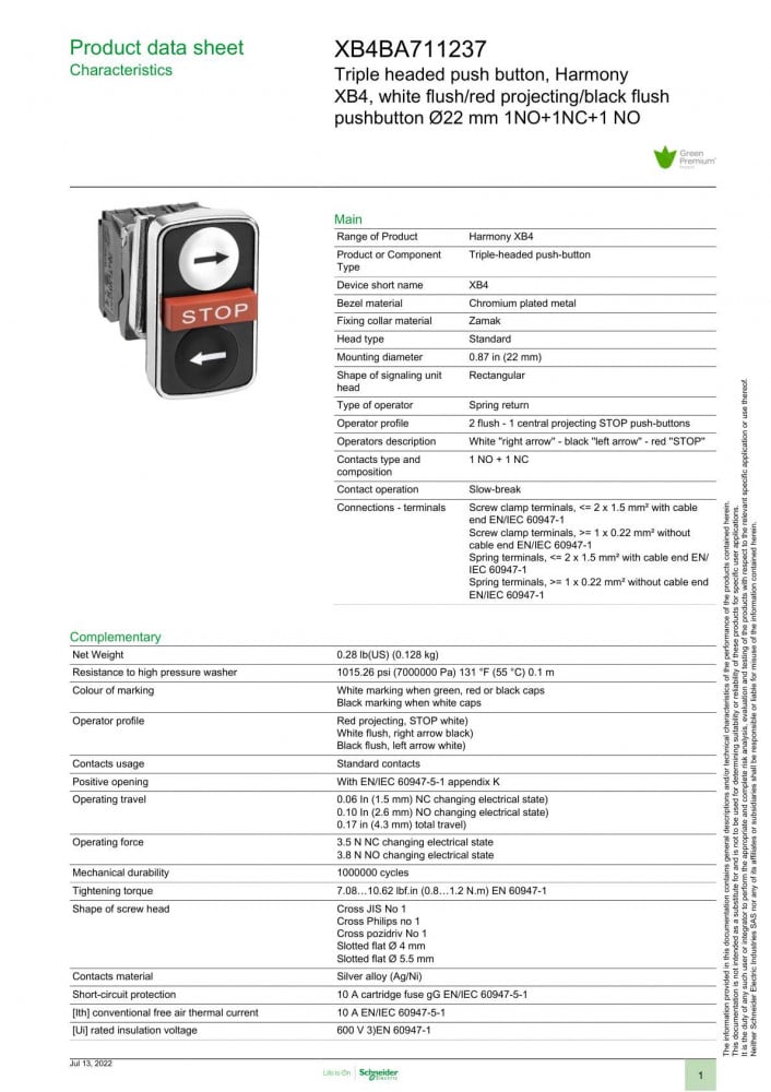 XB4BA711237 technical document page 1