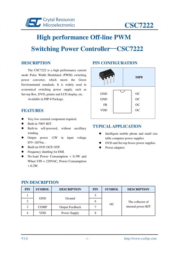CSC7222 datasheet page 1