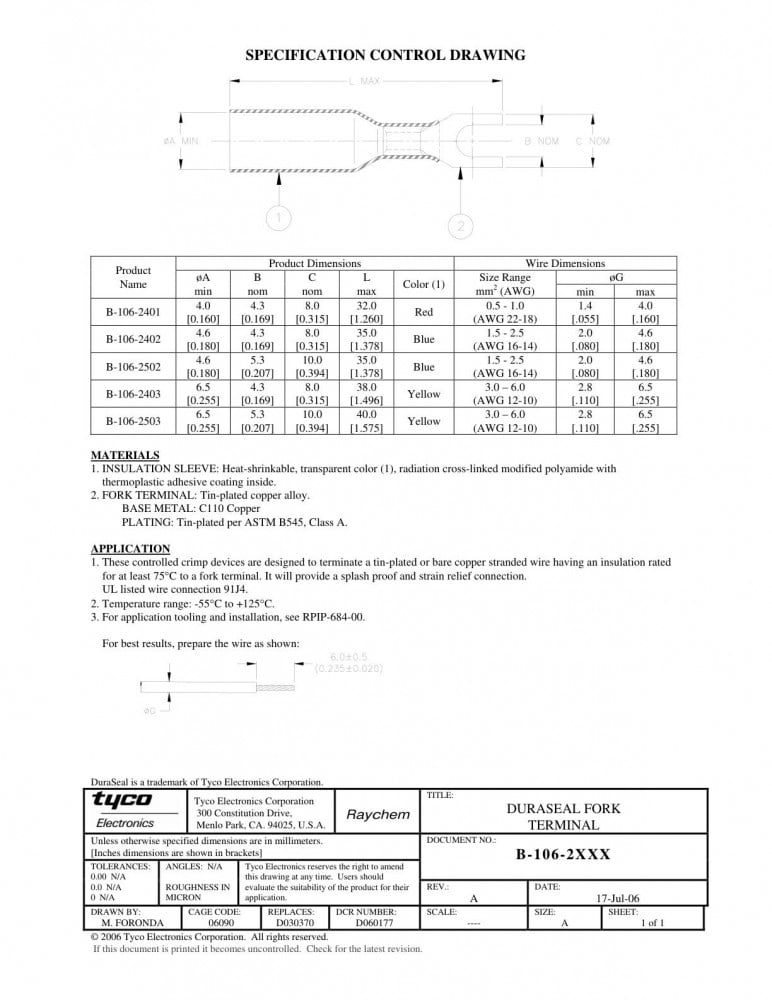 TE Connectivity DuraSeal fork terminal specification control drawing