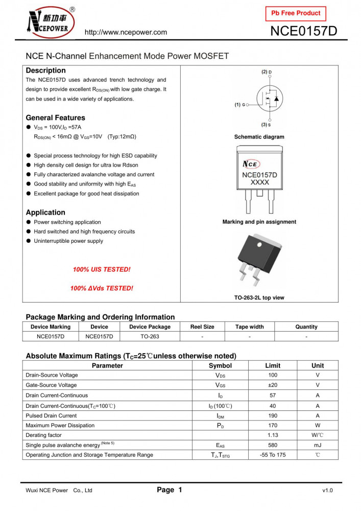 NCE0157D datasheet page 1