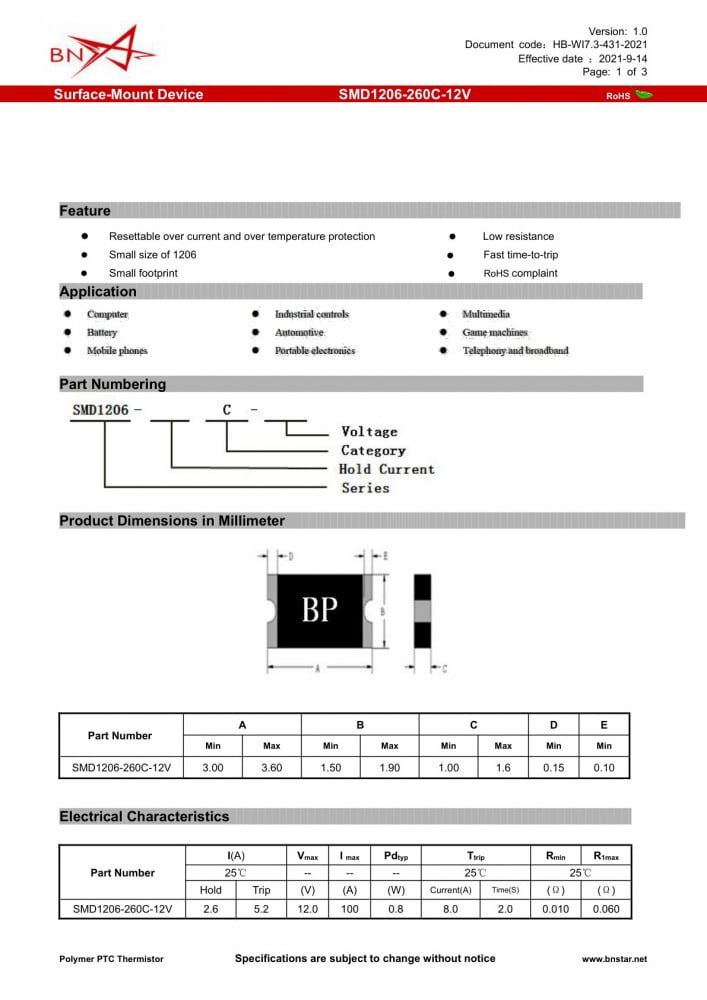 BNstar SMD1206-260C-12V datasheet page 1