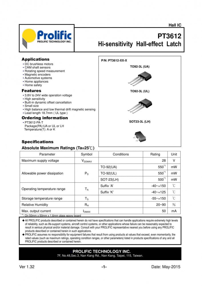 PT3612H1SAG8P1 datasheet page 1