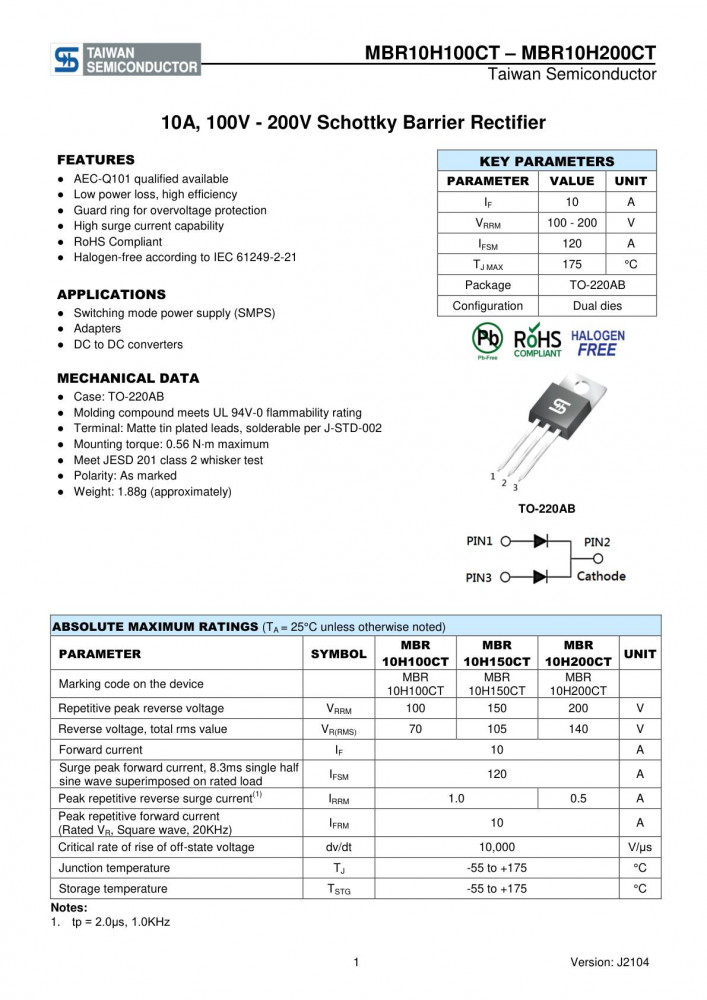 MBR10H100CT datasheet page 1