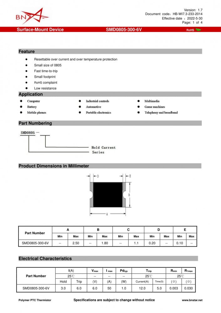 BNstar SMD0805-300-6V datasheet page 1