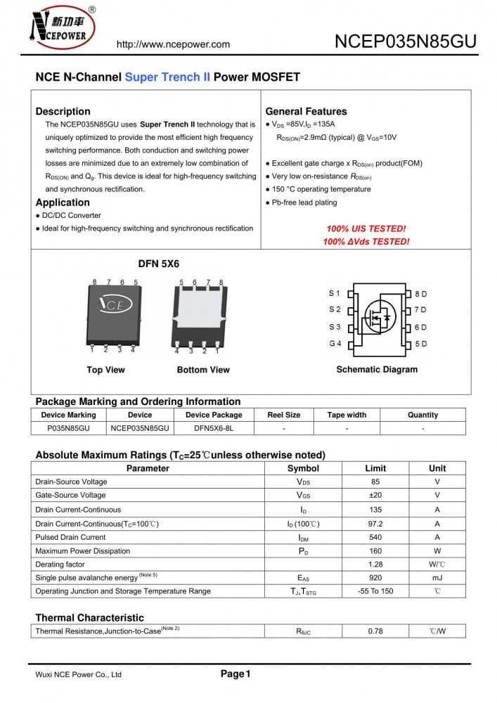 NCEP035N85GU datasheet page 1
