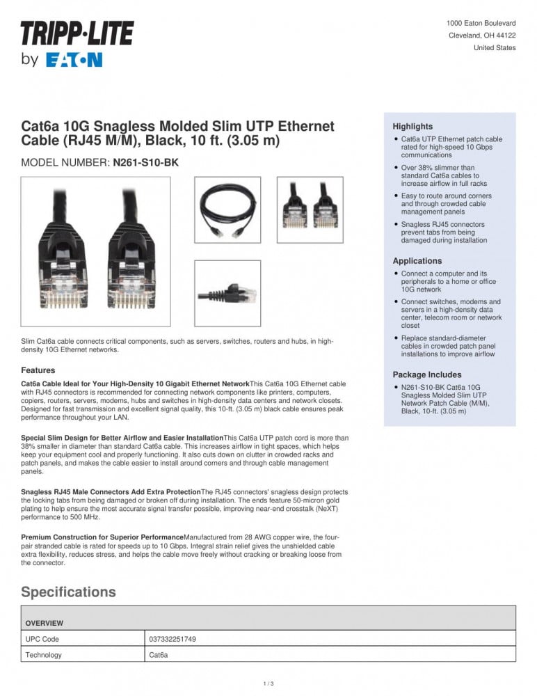 N261-S10-BK technical document page 1
