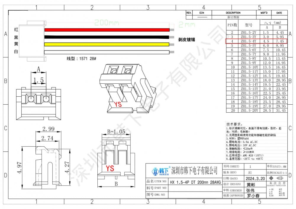 HX 1.5-4P DT 200mm 28AWG technical drawing