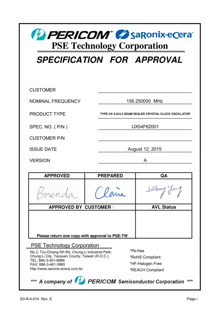 UX54F62001 specification page 1