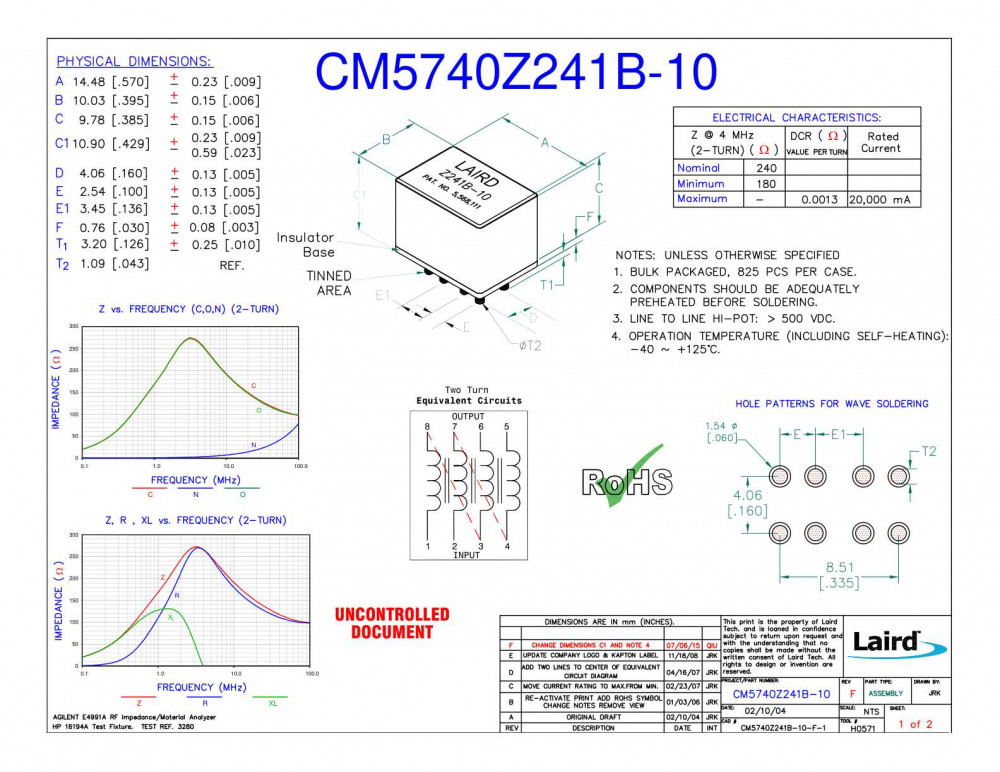 Laird CM5740Z241B-10 technical drawing and electrical characteristics
